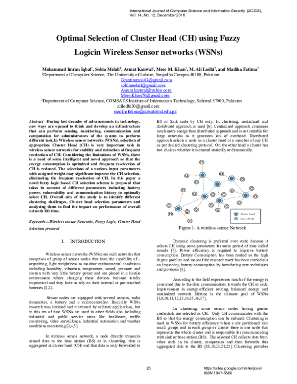 (PDF) Optimal Selection of Cluster Head (CH) using Fuzzy Logicin Wireless Sensor networks (WSNs