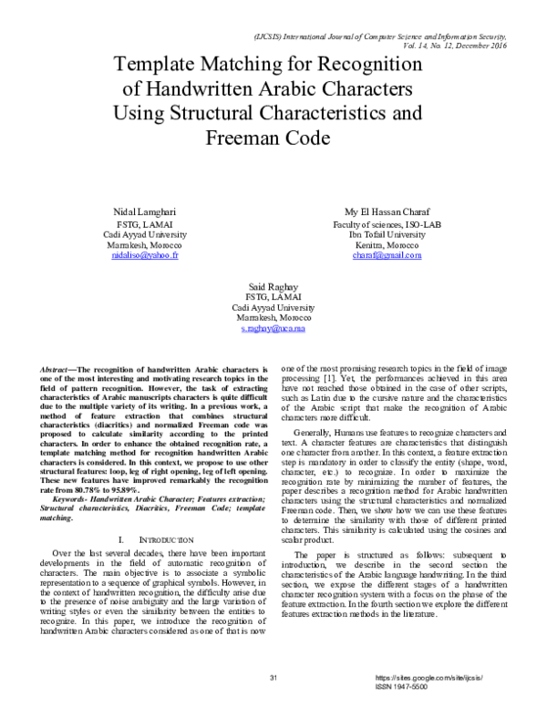 Pdf Template Matching For Recognition Of Handwritten Arabic Characters Using Structural