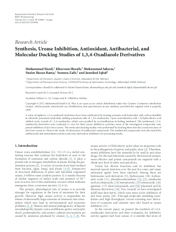 (PDF) Synthesis, Urease Inhibition, Antioxidant, Antibacterial, and ...