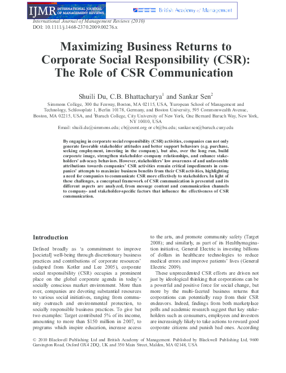 (PDF) Maximizing Business Returns to Corporate Social Responsibility ...