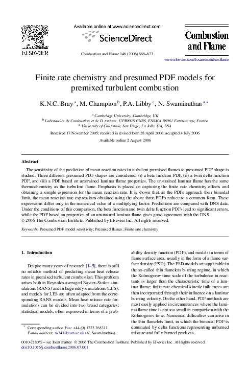 Pdf Finite Rate Chemistry And Presumed Pdf Models For Premixed Turbulent Combustion