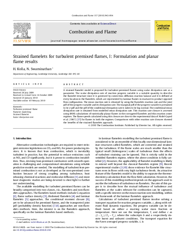 (PDF) Strained flamelets for turbulent premixed flames, I: Formulation ...