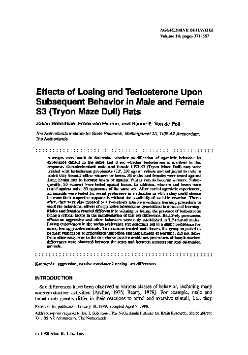 (PDF) Effects of losing and testosterone upon subsequent behavior in ...