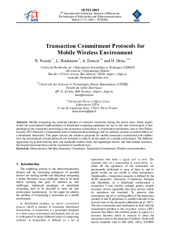 (PDF) Transaction Commitment Protocols for Mobile Wireless Environment