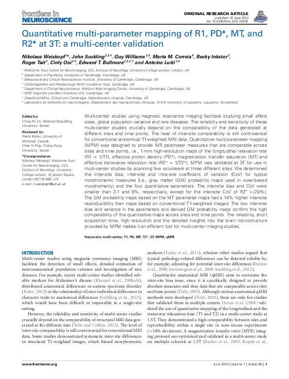 Pdf Quantitative Multi Parameter Mapping Of R1 Pd Mt And R2 At