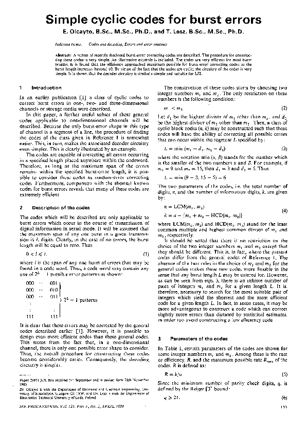(PDF) Simple cyclic codes for burst errors