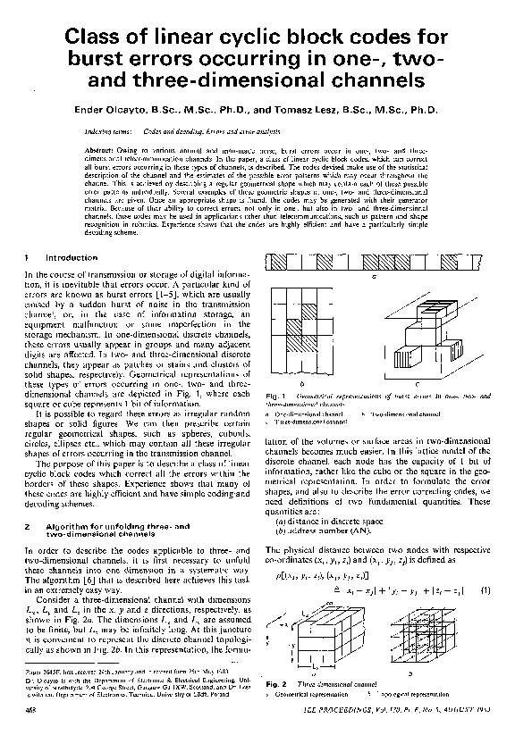 Pdf Class Of Linear Cyclic Block Codes For Burst Errors Occurring In
