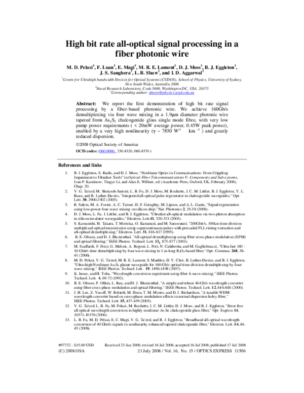 High bit rate all-optical signal processing in a fiber photonic wire
