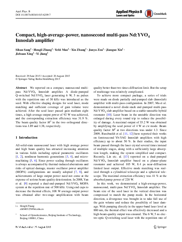 (PDF) Compact, high‑average‑power, nanosecond multi‑pass Nd:YVO 4 Innoslab amplifier
