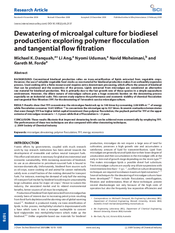 (PDF) Dewatering of microalgal culture for biodiesel production ...