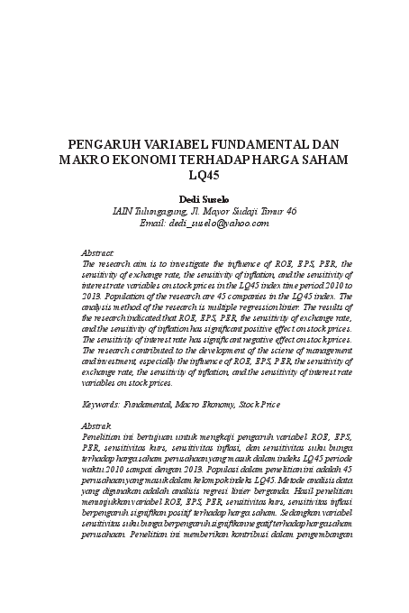 (PDF) PENGARUH VARIABEL FUNDAMENTAL DAN MAKRO EKONOMI TERHADAP HARGA SAHAM LQ45