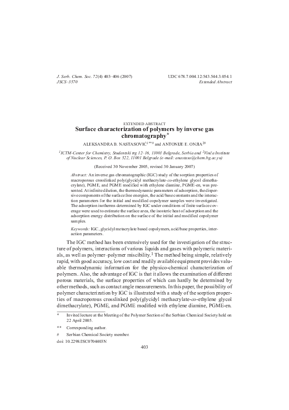 (PDF) Surface characterization of polymers by inverse gas chromatography