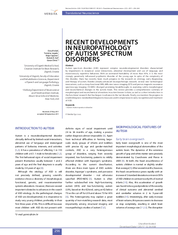Pdf Recent Developments In Neuropathology Of Autism Spectrum Disorders