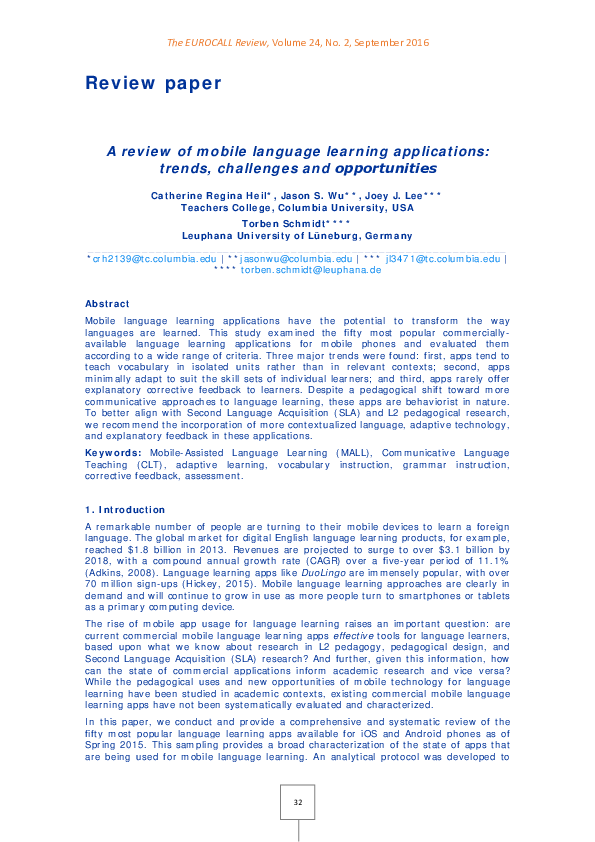 (PDF) A review of mobile language learning applications: trends, challenges and opportunities