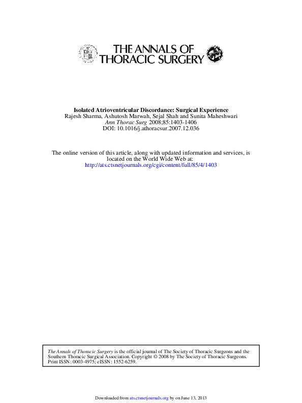 (PDF) Isolated Atrioventricular Discordance: Surgical Experience