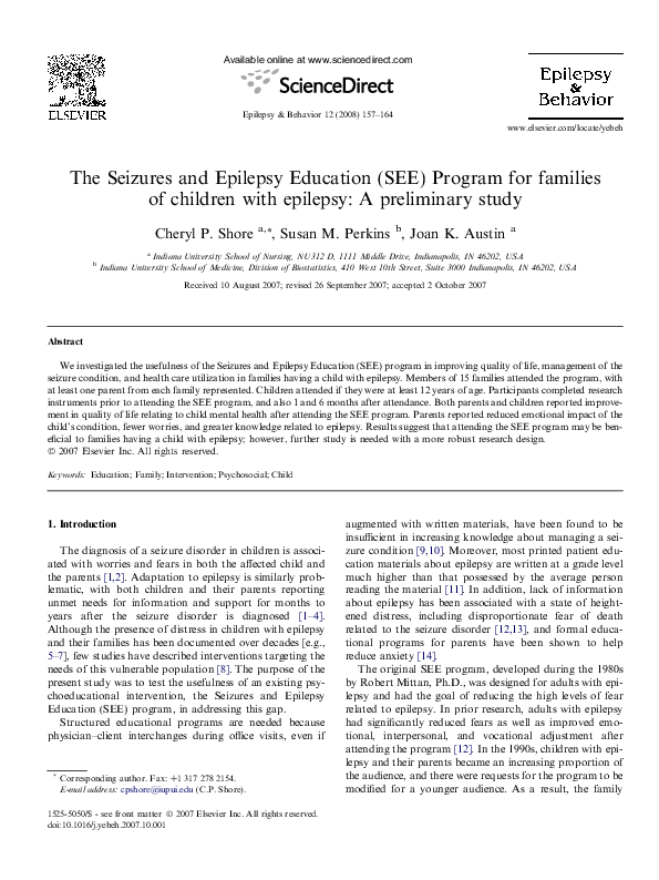 (PDF) The Seizures and Epilepsy Education (SEE) Program for families of ...