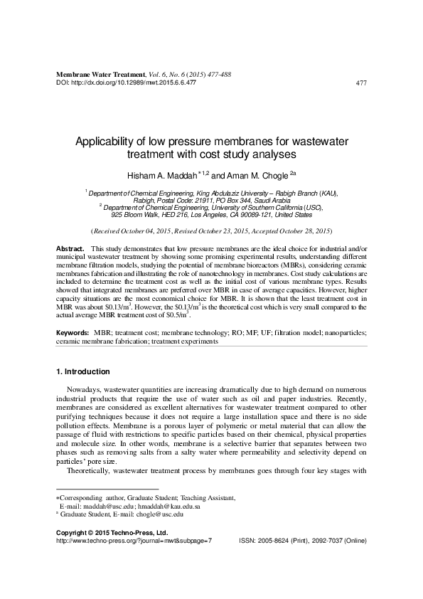 (PDF) Applicability of low pressure membranes for wastewater treatment with cost study analyses