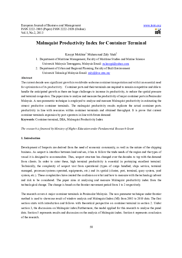 (PDF) Malmquist Productivity Index for Container Terminal