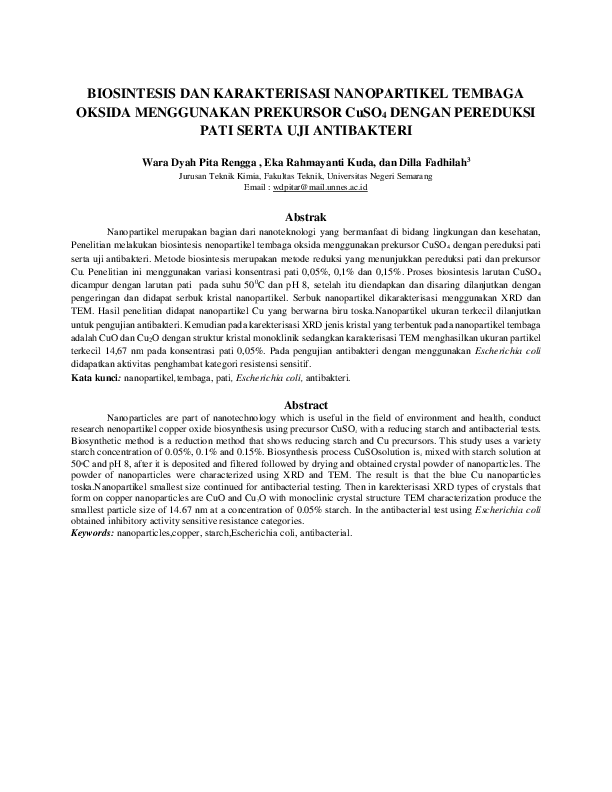 (PDF) BIOSINTESIS DAN KARAKTERISASI NANOPARTIKEL TEMBAGA OKSIDA ...