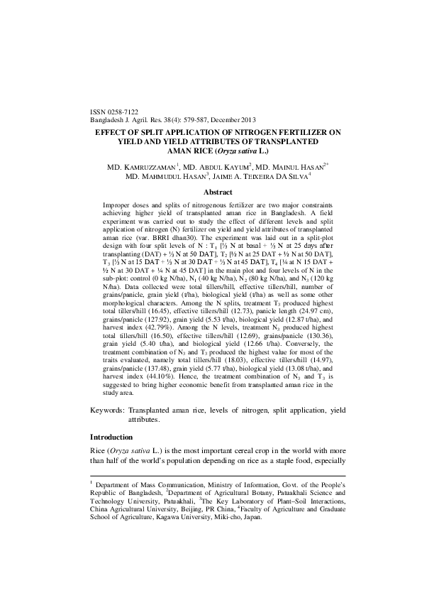 Pdf Effect Of Split Application Of Nitrogen Fertilizer On Yield And Yield Attributes Of