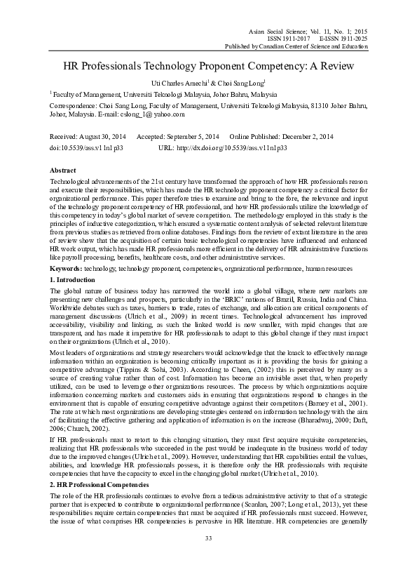 (PDF) HR Professionals Technology Proponent Competency: A Review