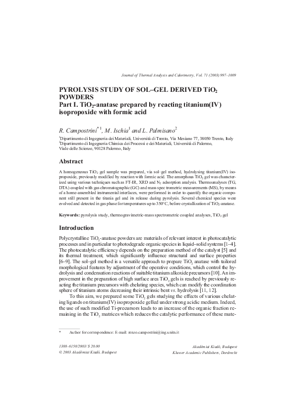 (PDF) PYROLYSIS STUDY OF SOL-GEL DERIVED TiO2 POWDERS Part IV. TiO2 ...