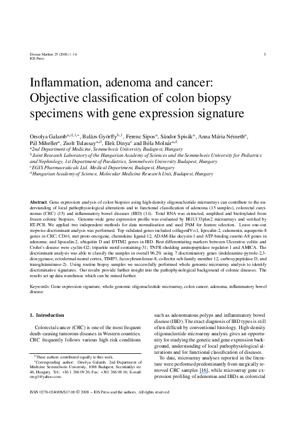 (PDF) Inflammation, Adenoma and Cancer: Objective Classification of Colon Biopsy Specimens with ...