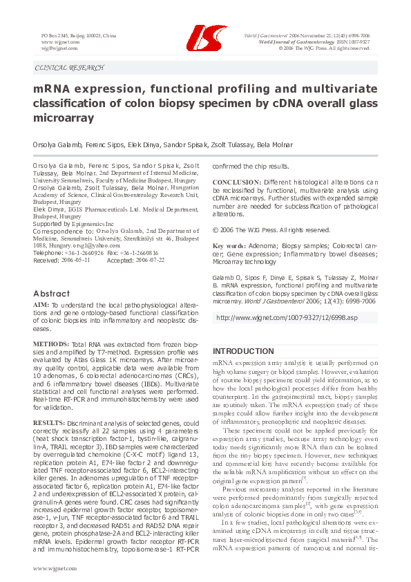 (PDF) mRNA expression, functional profiling and multivariate classification of colon biopsy ...