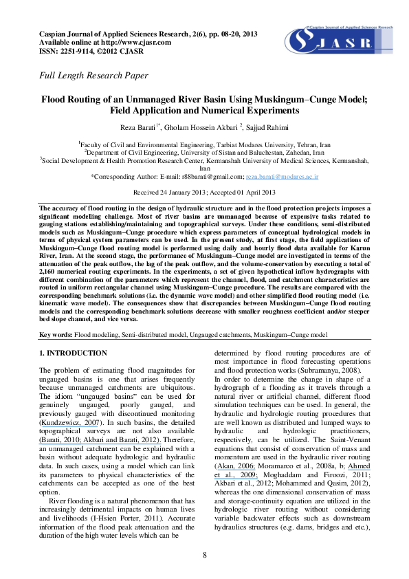 (PDF) Flood Routing of an Unmanaged River Basin Using Muskingum–Cunge Model; Field Application ...