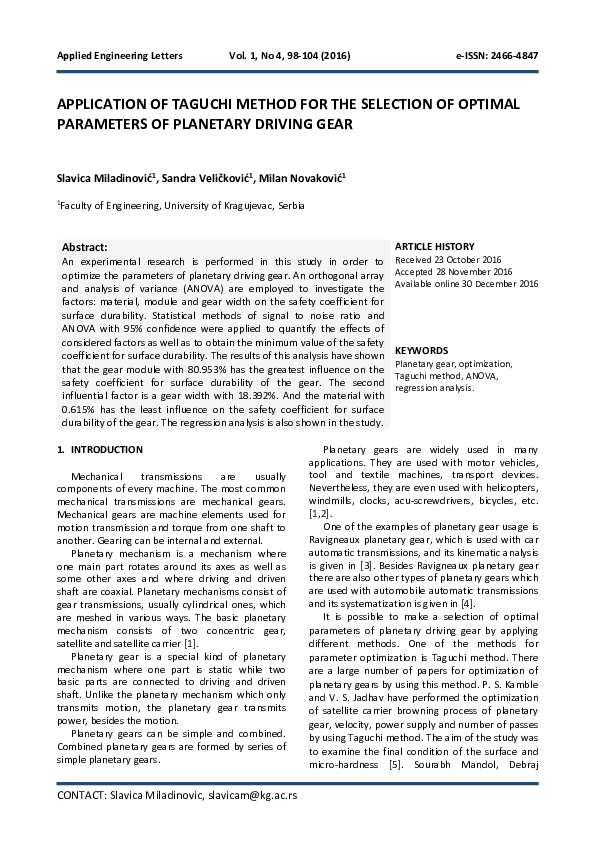 Pdf Application Of Taguchi Method For The Selection Of Optimal Parameters Of Planetary Driving