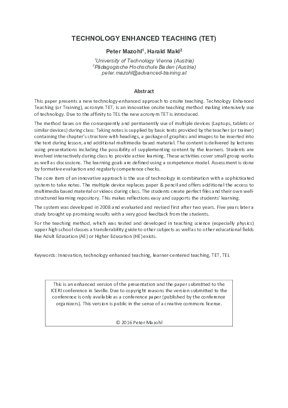 (PDF) TECHNOLOGY ENHANCED TEACHING (TET) (PDF) TECHNOLOGY ENHANCED TEACHING (TET)