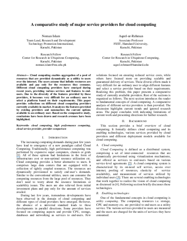 (PDF) A Comparative Study of Major Service Providers for Cloud Computing