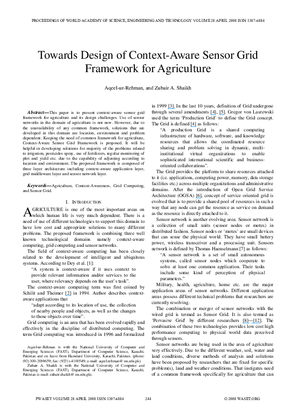 Pdf Towards Design Of Context Aware Sensor Grid Framework For Agriculture