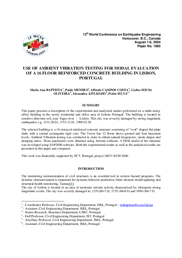 (PDF) Use of Ambient Vibration Testing for Modal Evaluation of a 16 ...