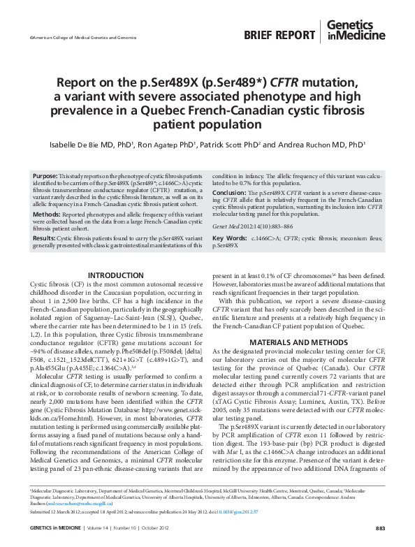 (PDF) Report on the p.Ser489X (p.Ser489*) CFTR mutation, a variant with ...