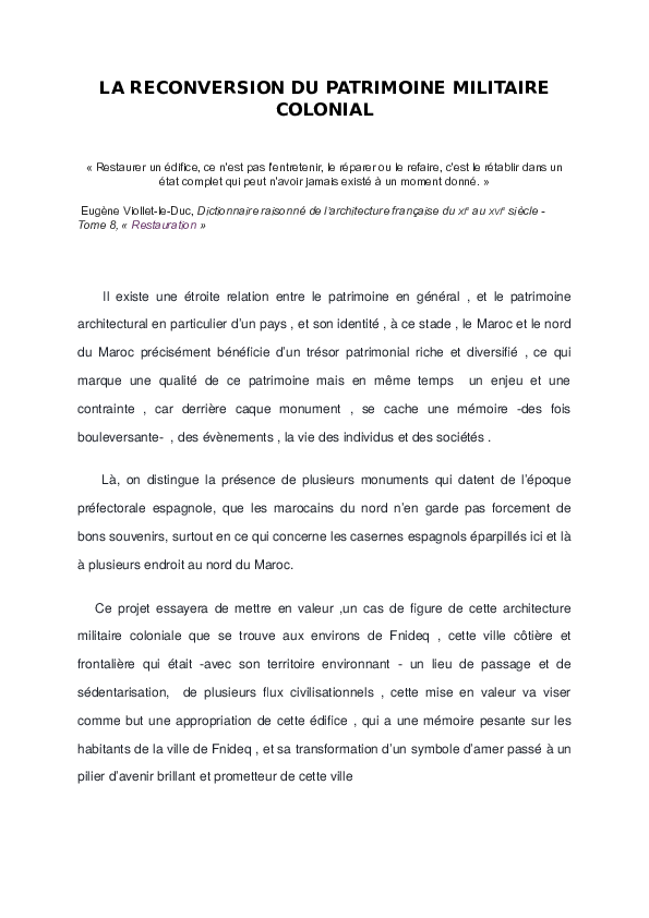 (DOC) LA RECONVERSION DU PATRIMOINE MILITAIRE COLONIAL