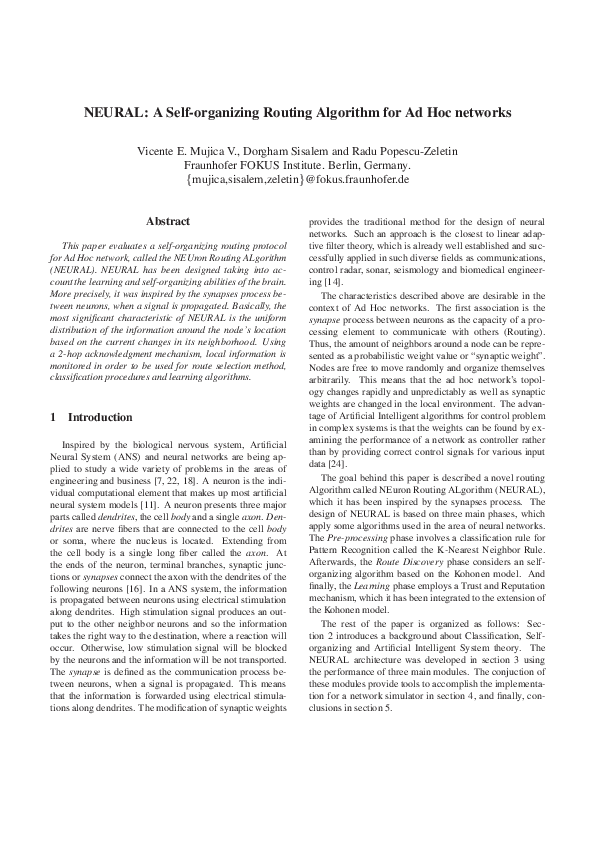 Pdf Neural A Self Organizing Routing Algorithm For Ad Hoc Networks