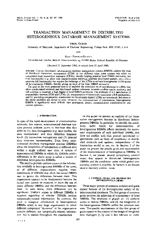 (PDF) Transaction management in distributed heterogeneous database management systems