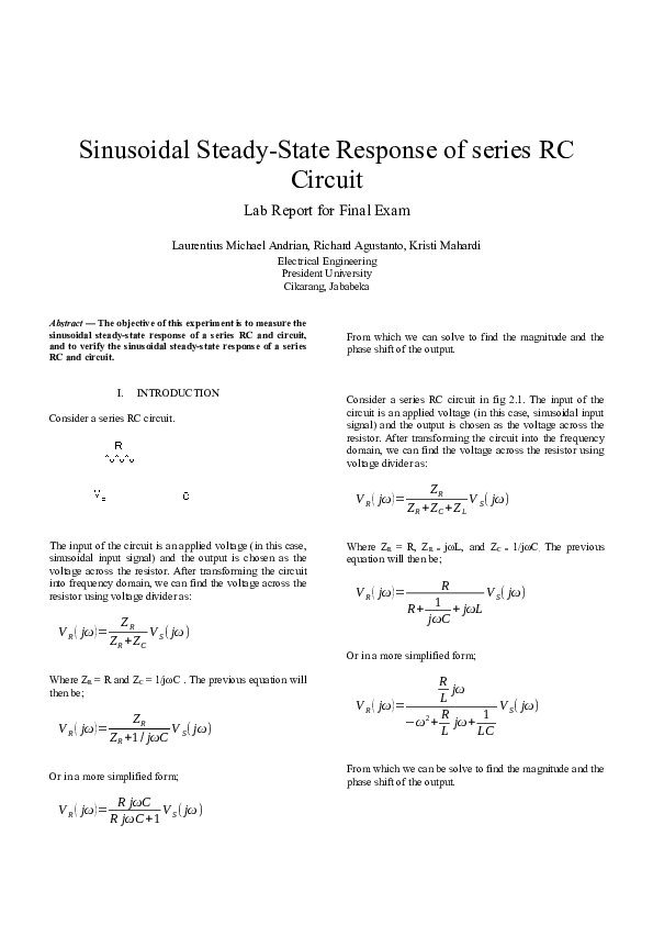 (DOC) Sinusoidal Steady-State Response of series RC Circuit