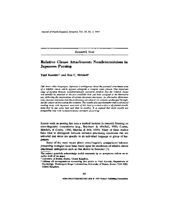 (PDF) Relative clause attachment: Nondeterminism in Japanese parsing
