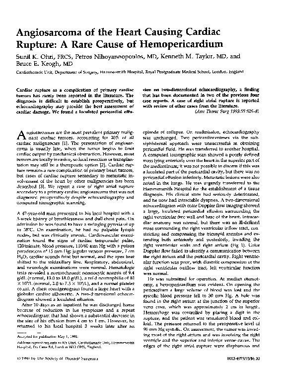 (PDF) Angiosarcoma of the heart causing cardiac rupture: A rare cause of hemopericardium