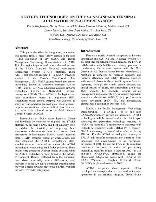 (PDF) NextGen technologies on the FAA's standard terminal automation ...
