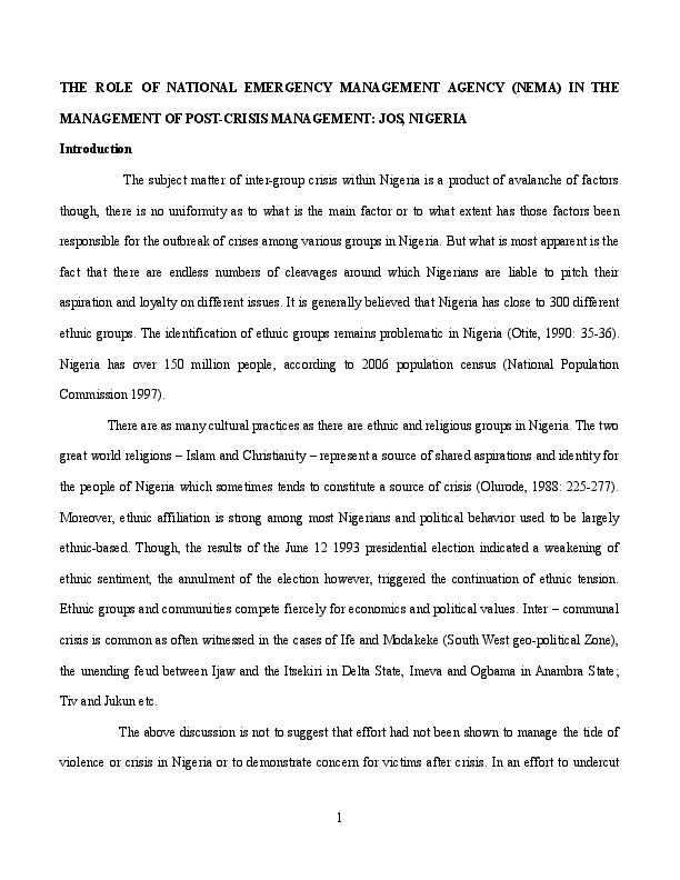 (DOC) THE ROLE OF NATIONAL EMERGENCY MANAGEMENT AGENCY (NEMA) IN THE ...