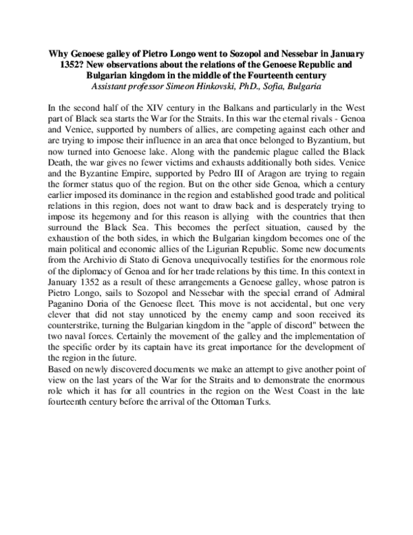(PDF) Hinkovski, Simeon. Why Genoese galley of Pietro Longo went to ...