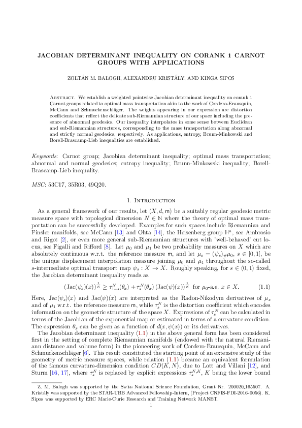 Pdf Jacobian Determinant Inequality On Corank 1 Carnot Groups With Applications