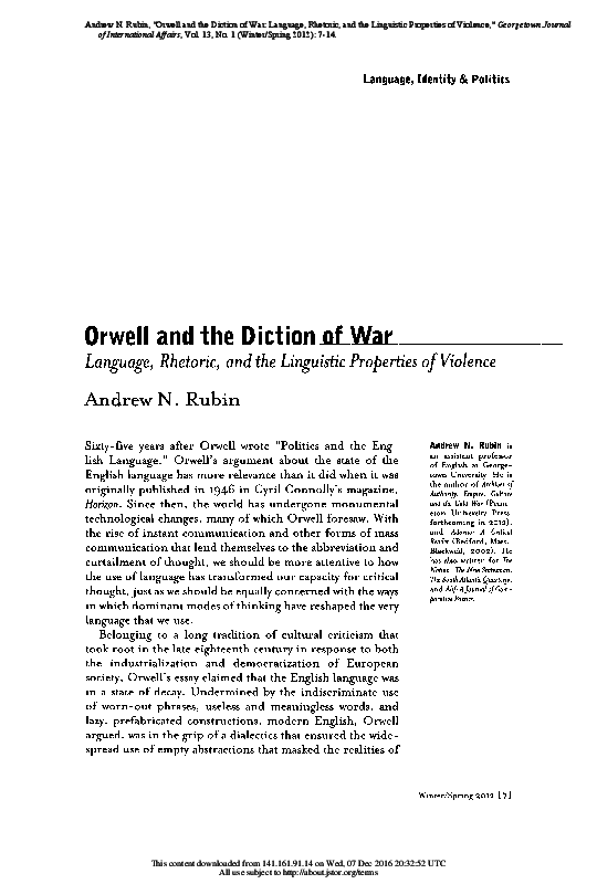(PDF) Orwell and the Diction of War: Language, Rhetoric, and the ...