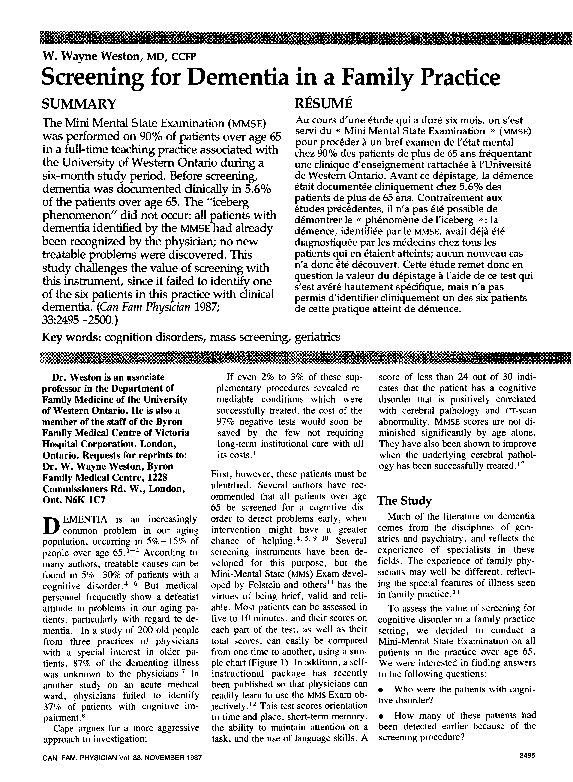 (PDF) Screening for dementia in family practice