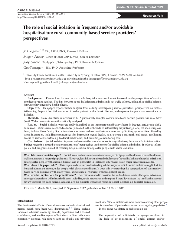 (PDF) The role of social isolation in frequent and/or avoidable ...