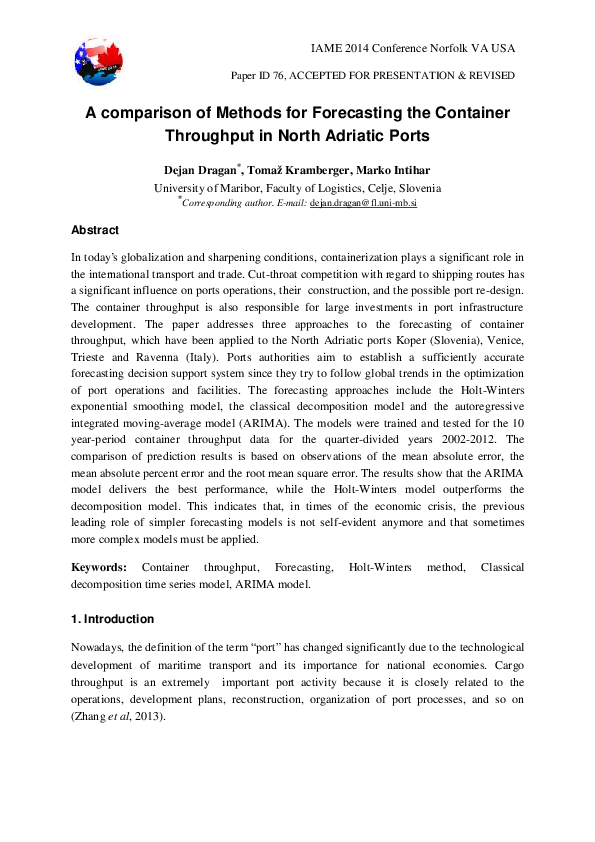 Pdf A Comparison Of Methods For Forecasting The Container Throughput