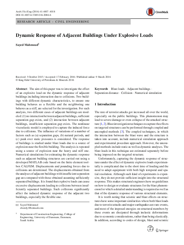 (PDF) Dynamic Response of Adjacent Buildings Under Explosive Loads